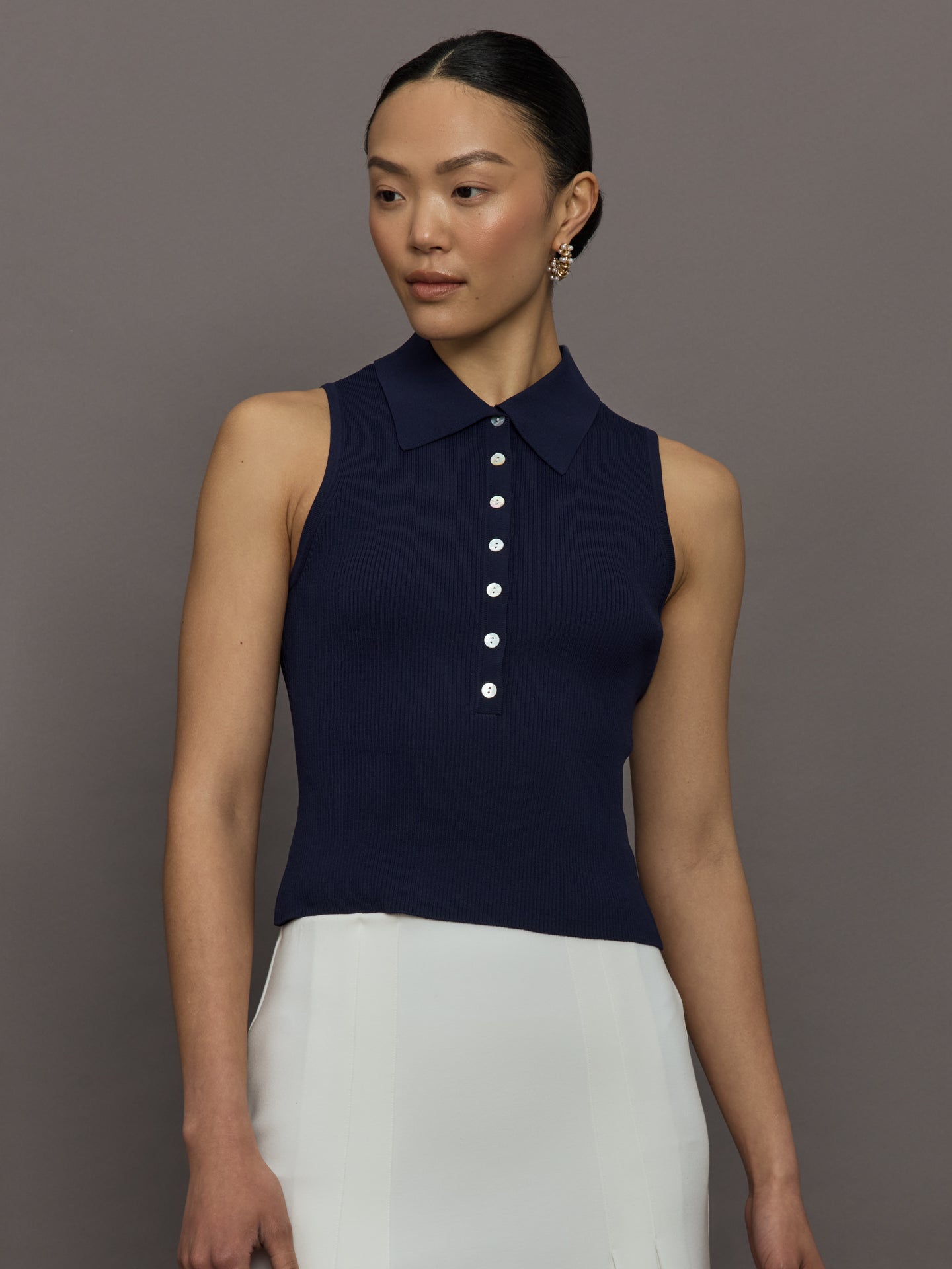 Nikki Johnny Collar Solid Tank - Dark Blue – Carbon38